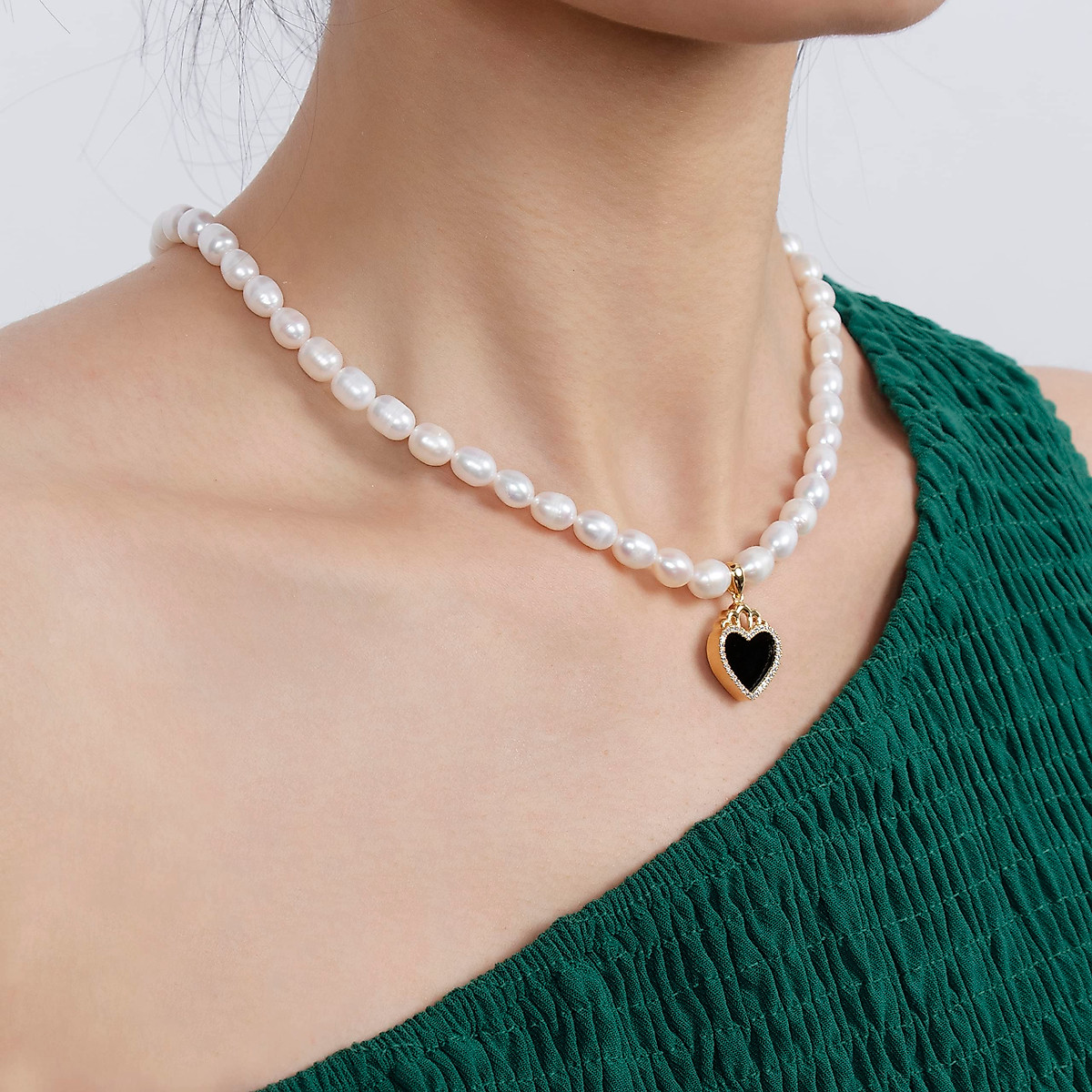 2023 New 925 Sterling Silver Dainty Freshwater Cultured Pearl Strand Necklace Black Agate Love Heart Pendant White Genuine Real Pearls Jewelry Gifts for Her 7-8mm Black Heart