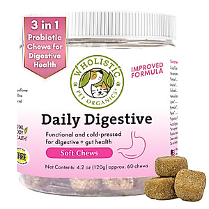 Wholistic Pet Organics: Probiotic Chews for Dogs Digestive Health - 60 Count - Dog Probiotics and Digestive Enzymes - Support Gut Health Immune Supplement Prevents Dog Digestive Problems