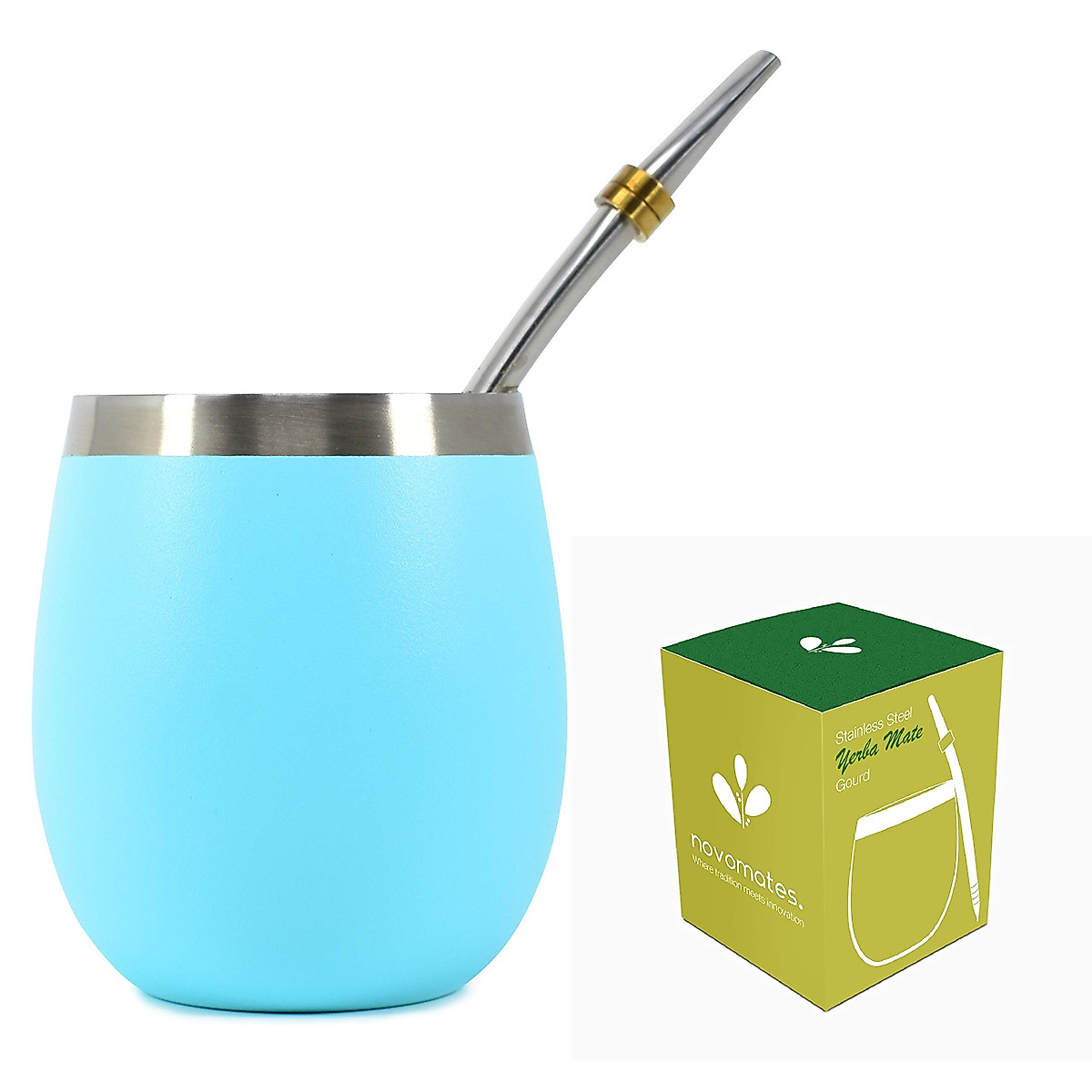 Novomates Yerba Mate Kit Including Double Wall Stainless Steel Mate Tea Cup and Mate Straw – Yerba Mate Cup and Bombilla Mate - Yerba Mate Gourd - Bombilla Mate and Mate Tea Cup 8oz (237ml) (Teal)