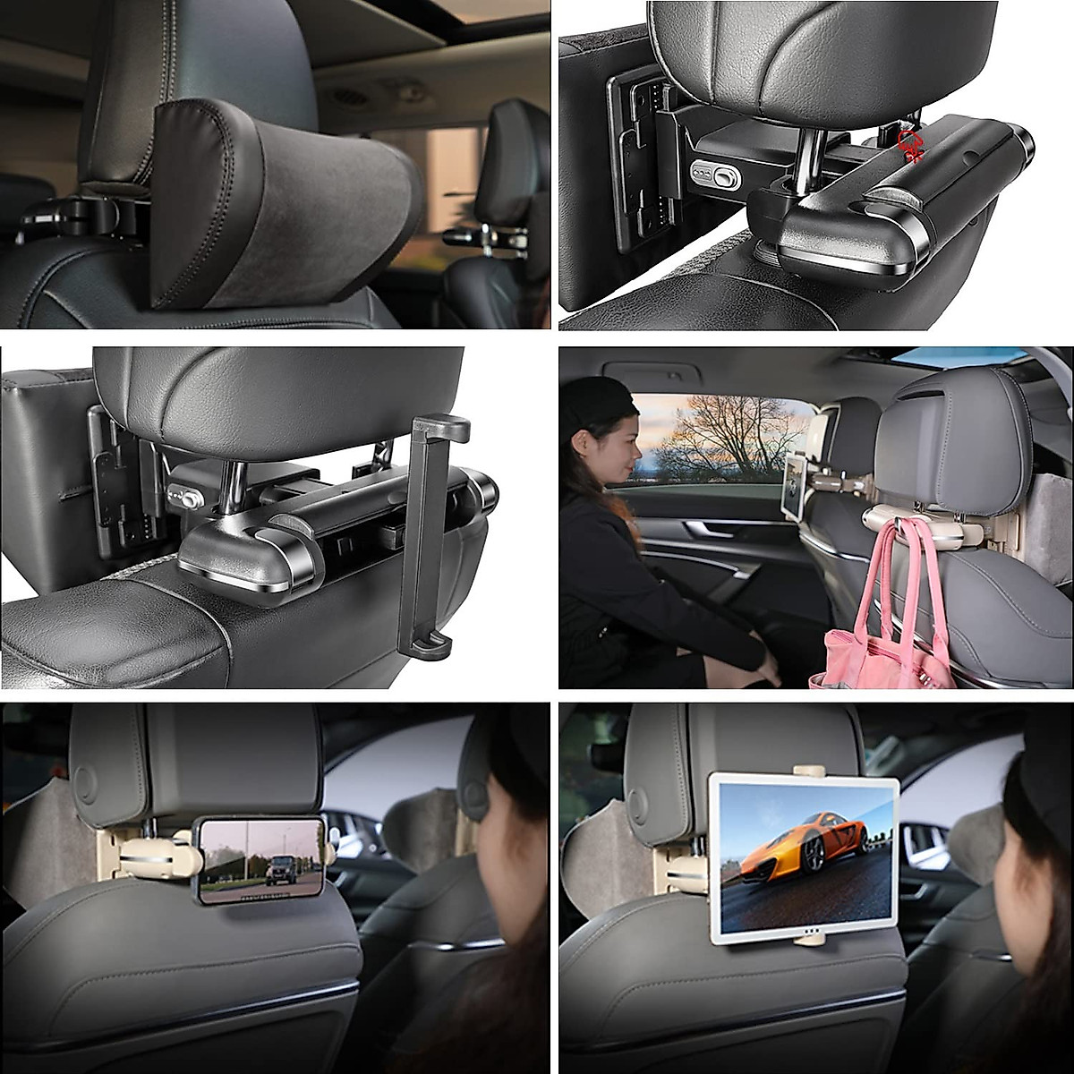 SiegenPro Car Seat Headrest Pillow Adjustable in 4 Directions Car Neck Pillow Memory Foam with Seat Back Hooks and Adjustable Headrest Phone Tablet Car Mount Holder