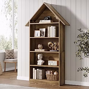 Tribesigns Wood Etagere Bookcase Tall Arch Bookshelf with Five Open Storage Organizer for Living Room Home Office, 5 Tier Books Case Book Shelf Floor Standing Display Shelves for Bedroom, Rustic Brown