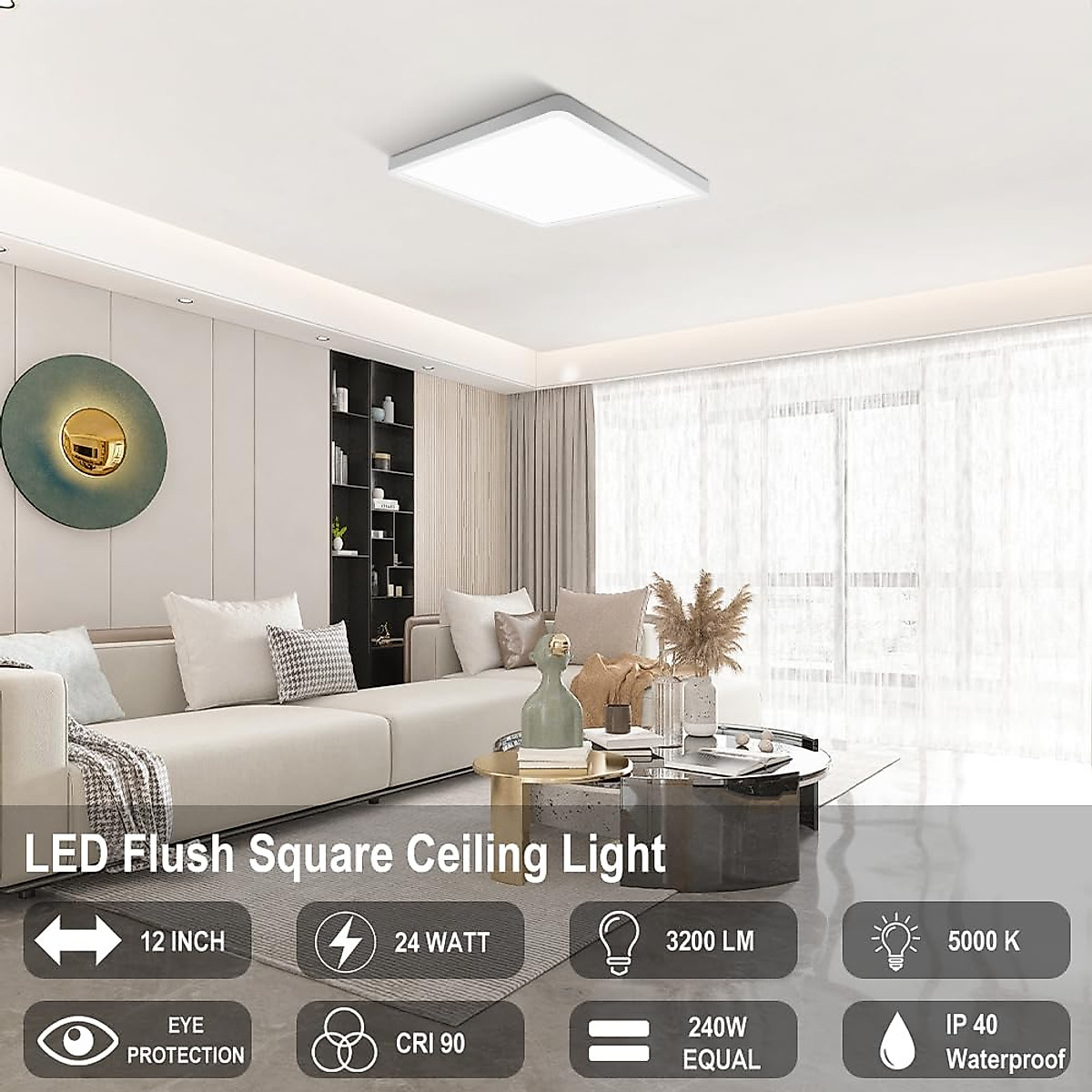 12 inch Square LED Ceiling Light, 3200LM 24W 5000K Daylight Super Bright Ceiling Lights, White Flush Mount LED Lamp, Recessed Lighting fixtures for Kitchen Bathroom Bedroom Hallway Office Garage