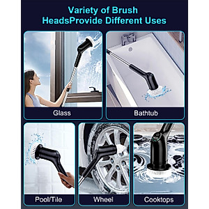 Yonlog Electric Spin Scrubber, FRIWOLE Upgraded Cordless Cleaning Brush with LED Display, 3 Speeds, 8 Replaceable Brush Heads, Adjustable & Detachable Handle, 450 RPM, for Bathtub, Tile, Floor, Black