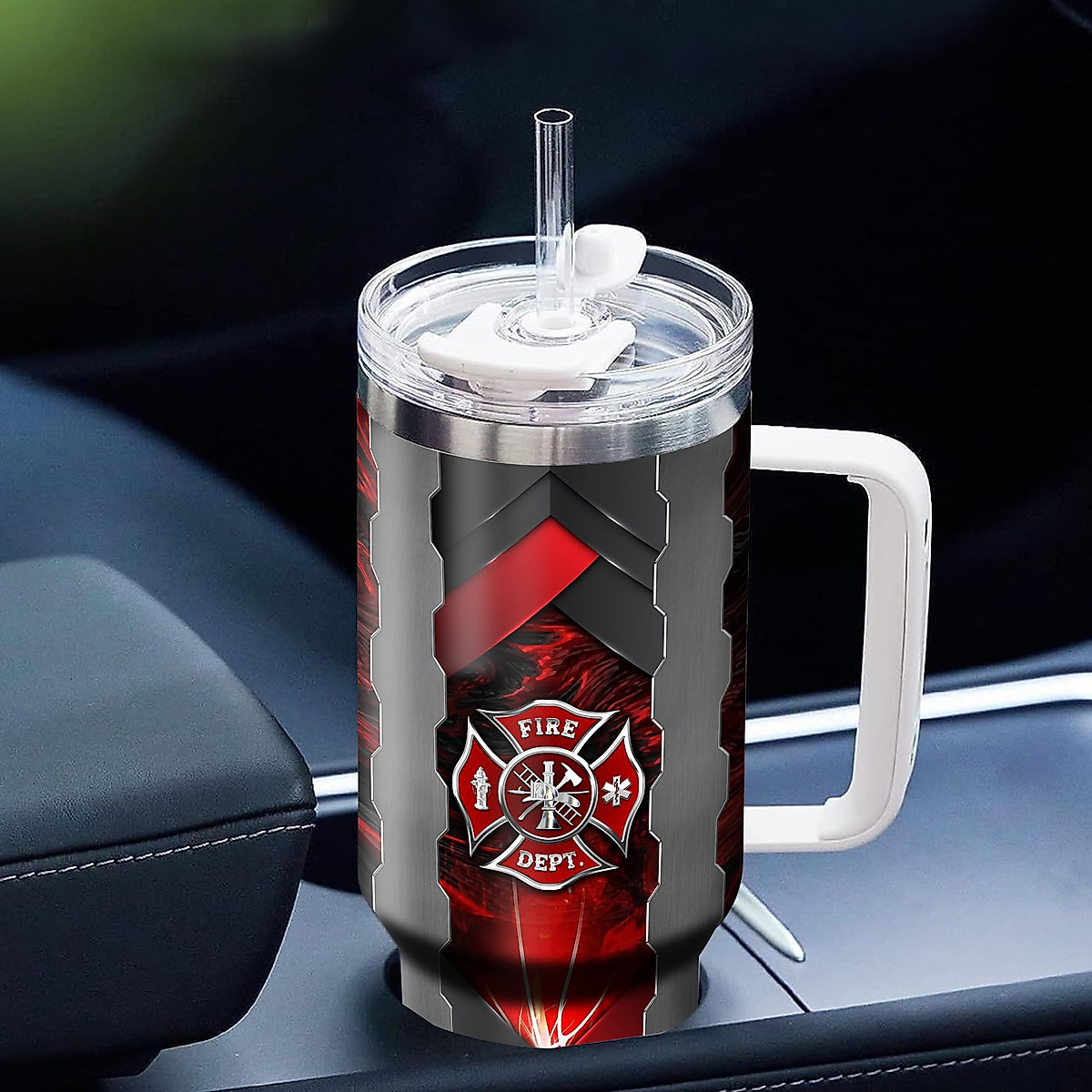 WAZONE Personalized Firefighter 40oz Tumbler with Handle Lid and Straw Custom Name Fireman Stainless Steel Insulated Cup Travel Mug Birthday Christmas Firefighters Fire Fighter Gift For Men Dad