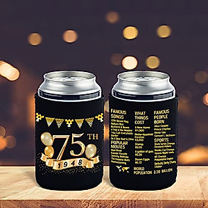 75th Birthday Can Cooler Sleeves Pack of 12-75th Anniversary Decorations- 1948 Sign - 75th Birthday Party Supplies - Black and Gold 75th Birthday Cup Coolers