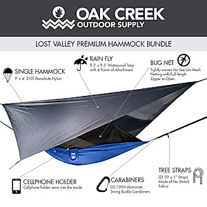 Oak Creek Lost Valley Camping Hammock. Bundle Includes Mosquito Net, Rain Fly, Tree Straps, Compression Sack. Weighs Four Pounds, Perfect for Camping. Lightweight Nylon Single Hammock.