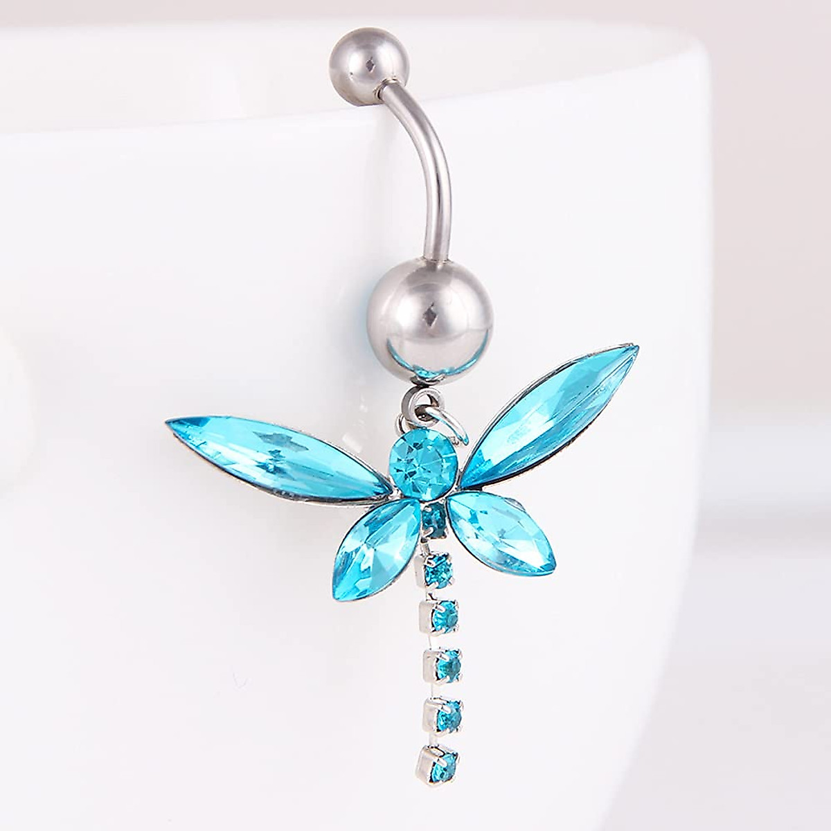 Butterfly Dangle Belly Button Rings For Women Blue Crystal Stainless Steel Animal Cute Sexy Butterfly Belly Button Rings Set Jewelry For Women (Blue)