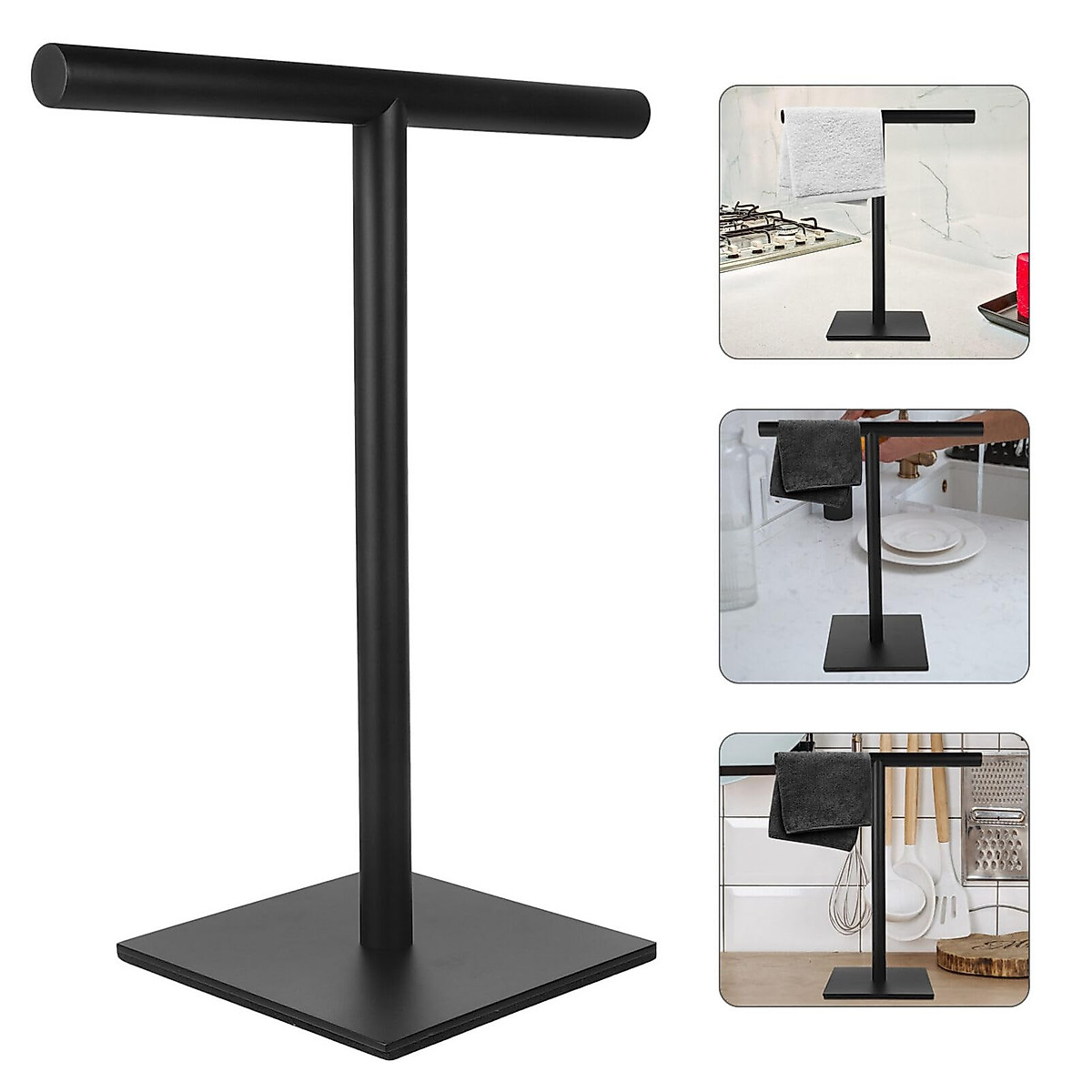 Luxshiny Hand Towel Holder Standing Stainless Steel T-Shape Towel Bar Rack Stand for Bathroom Kitchen Vanity Countertop Black