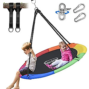 Hishine 43" Saucer Tree Swing for Kids, 360° Rotate Waterproof Flying Saucer Swing with Swivel, Hanging Straps, Adjustable Ropes, Round Mat Spinner Swing for Tree/Swing Set (Rainbow)