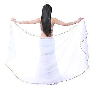 SHOWYOU 98.43" x 47.24" Lightweight Semicircle Chiffon Veil Belly Dance Scarf Blue Veil Scarf Shawls Trimed Gold Sequence (WHITE)
