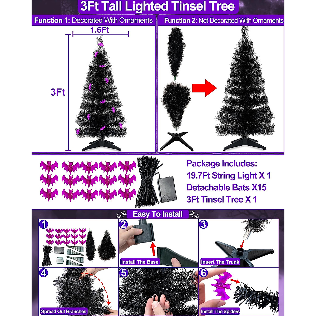 8 Modes TURNMEON 3 Ft Halloween Black Tree Decor with Timer 50 LEDs Lights Small Halloween Tree Battery Powered Artificial Black Xmas Tabletop Halloween Tree Decorations Home Indoor Outdoor Party