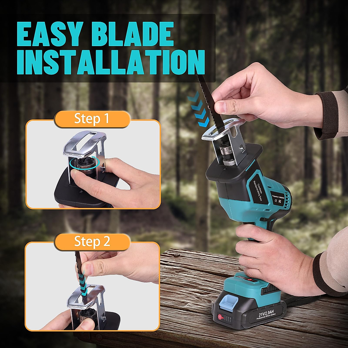 LAKIX Cordless Reciprocating Saw, 21V 2- Speed Mode Cordless(Brushless Motor) with 2Ah Battery & Charger and 4 Saw for Wood/Metal/PVC Cuting