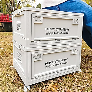 YOHOUYEAR Folding Storage Box with Wooden Lids and Doors,47.5 Qt./45L Stackable Collapsible Closet Organizer,Outdoor Multifunctional Plastic Bins,Camping,Car Trunk,Home Sorting