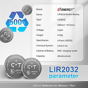 CT-ENERGY Rechargeable 2032 Batteries 3.6V Lithium Ion Button Coin Cell Batteries of Airtag Car Key Fob Batteries CR2032 Rechargeable (4pcs)