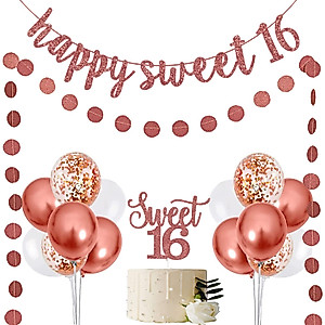 Sweet 16 Decorations Rose Gold - Happy Sweet 16 Birthday Banner Pre-Strung & Sweet 16 Cake Topper & Circle Dots Garland & White Rose Gold Confetti Balloons for 16th Birthday Decorations