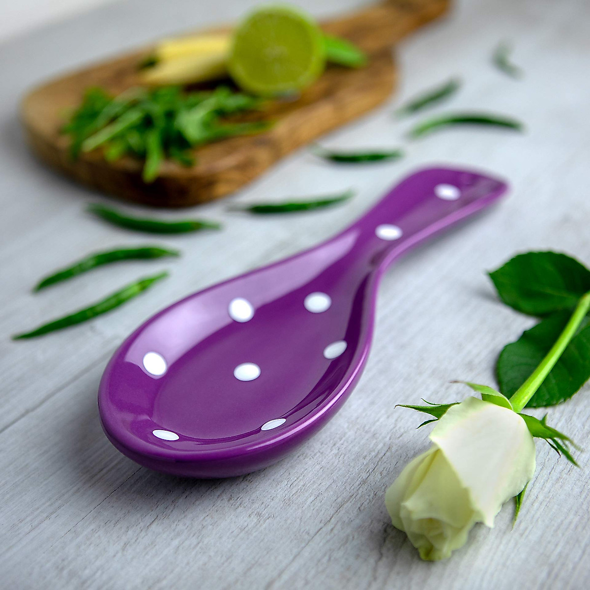 Handmade Purple and White Polka Dot Ceramic Kitchen Cooking Spoon Rest | Pottery Utensil Holder | Housewarming Gift by City to Cottage®