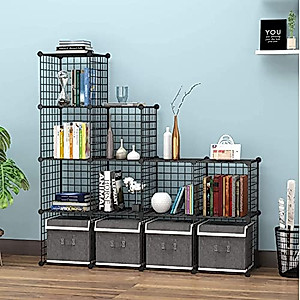 HUBSON Wire Cube Storage Organizer, 12-Cube Metal Grids Storage Shelf, Closet Cabinet, DIY Plastic Cube Bookcase Modular Closet Cabinet for Bedroom, Living Room, Office, Black