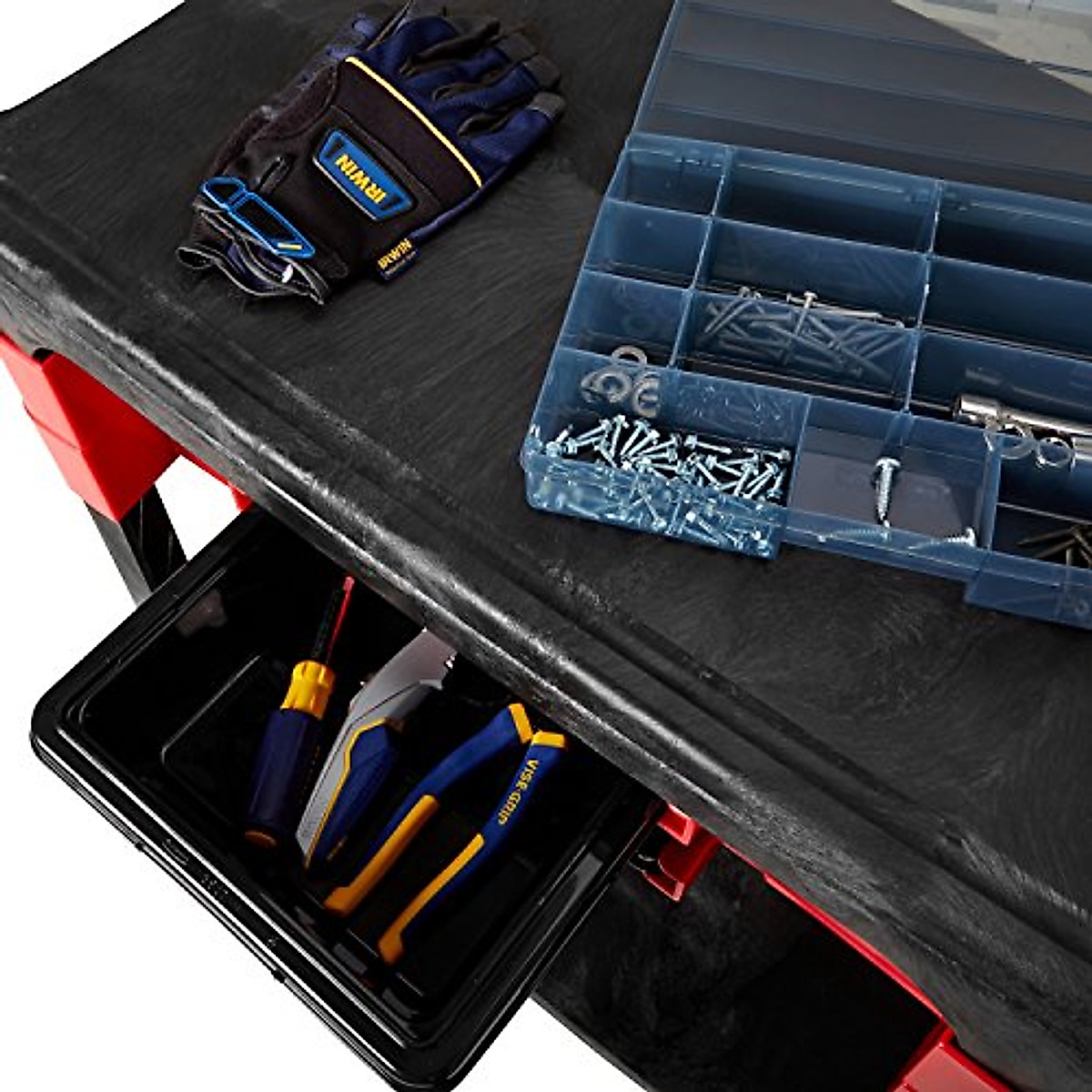 Rubbermaid Commercial Products Trades Tool Utility Cart, Mobile Work Station, With 2 Parts Boxes and 4 Parts Bins, 330 lb. Capacity, 5" Casters, Black, for Warehouse/Garage/Cleaning/Maintenance