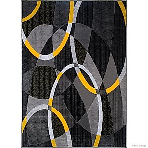 Allstar 8x10 Charcoal Grey and Grey Modern and Contemporary Rectangular Accent Rug with Yellow and Gainsboro Grey Intersecting Ring Design (7' 9" x 9' 8")