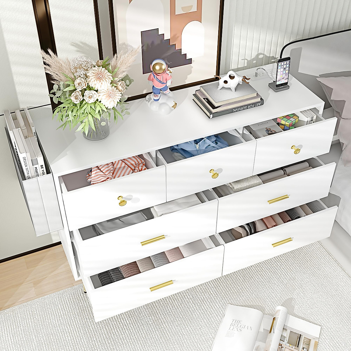 Fushimuma White Dresser for Bedroom, 7 Drawer Dresser with Charging Station, Wood Chest of Drawers with Gold Handles, Modern Dressers & Chests of Drawers for Living Room, Hallway