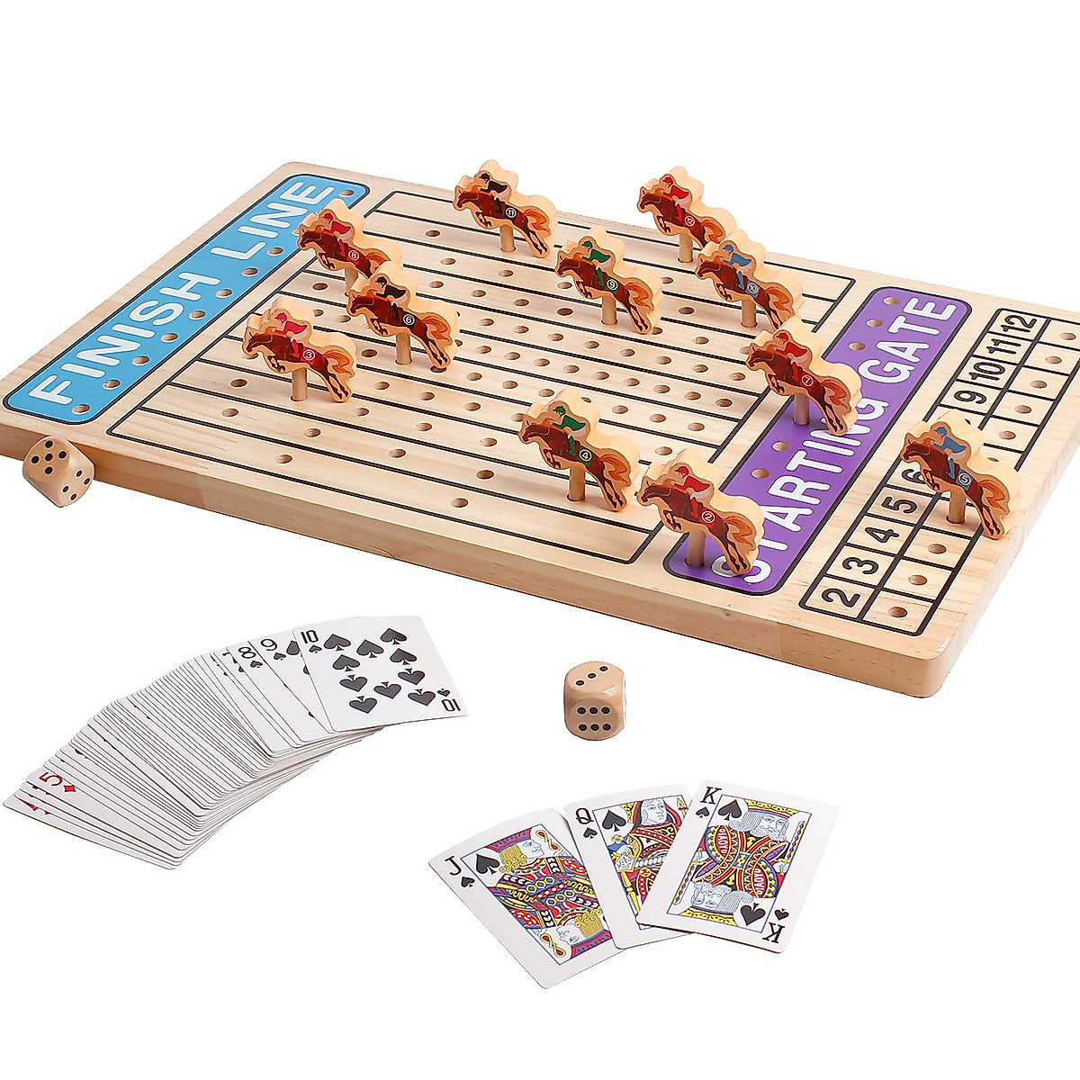 BEAUAM Horse Racing Board Game Wooden Challenge Toy Poker with 11 Durable Horses Dice & Cards for Kids Family Game Brain Teaser Gamble Game Chess