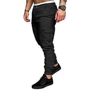 PLEPAN Men's Casual Cargo Pants Joggers Hiking Sweatpants Stretch Elastic Waist Work Pants with 6 Pockets Black Large