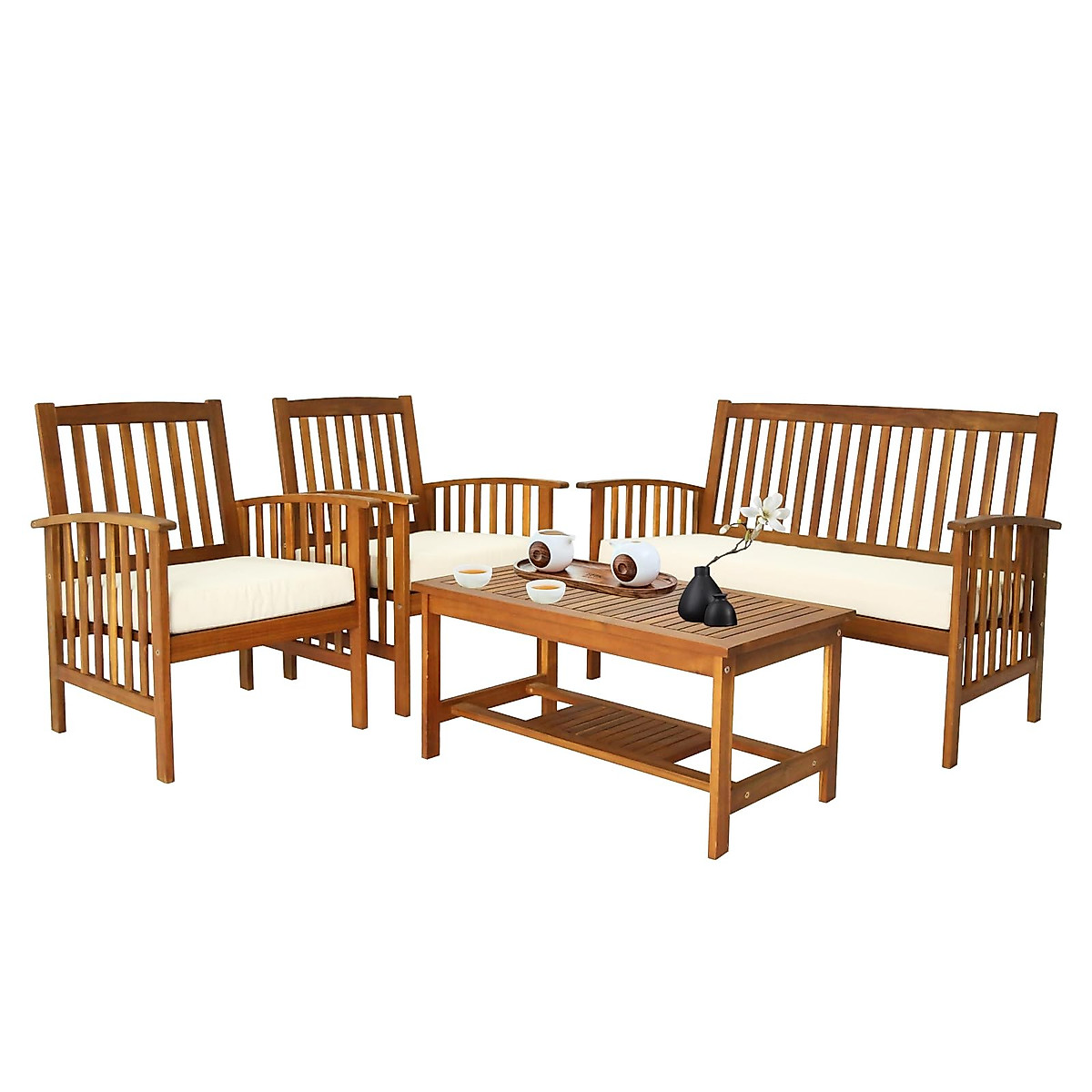 VINGLI Outdoor Patio Furniture, 4 Piece Acacia Wood Sofa Set w/Coffee Table, Patio Table and Chairs Set, Outdoor Patio Lounge Conversation Set for Deck, Backyard, Balcony