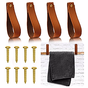 Abeillo 4 Pcs Medium Leather Wall Hooks, Artificial Leather Straps Hanger Wall Mounted Towel Hook Hanging Strap Holder for Bathroom Kitchen Bedroom Nordic Boho Decor (Brown)