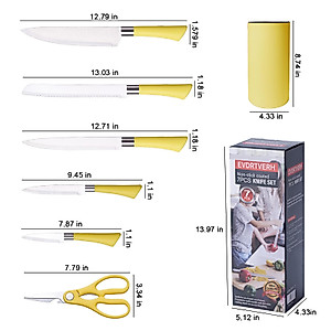 Kitchen Knife Set, 7 Pcs Yellow Cooking Knife Set with Round Block, Sharp Stainless Steel Knives Set for Kitchen with Ergonomic Handle, Professional Chef Knife Set for Home Family Restaurant (Yellow)