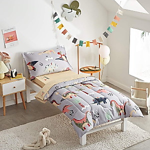 UOZZI BEDDING 4 Piece Gray Dinosaurs Toddler Bedding Set with Colorful Dinos Boys Bed Comforter Sheet Set