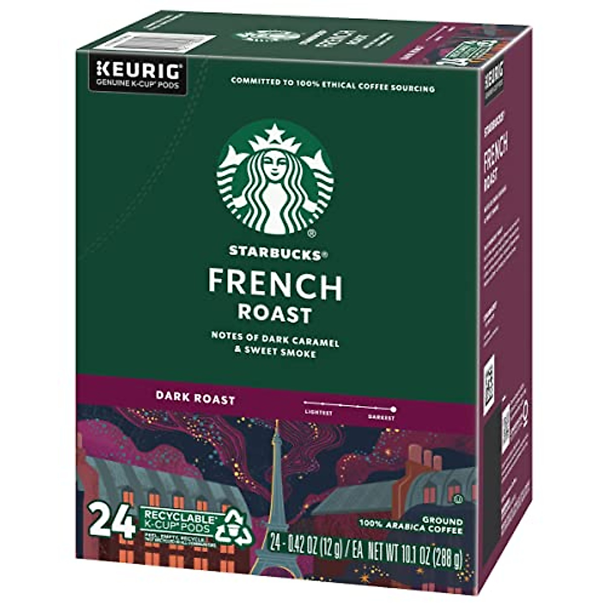 Starbucks Coffee K-Cup Pods, French Roast, Dark Roast Coffee, Notes of Dark Caramel & Sweet Smoke, Keurig Genuine K-Cup Pods, 24 CT K-Cups/Box (Pack of 1 Box)