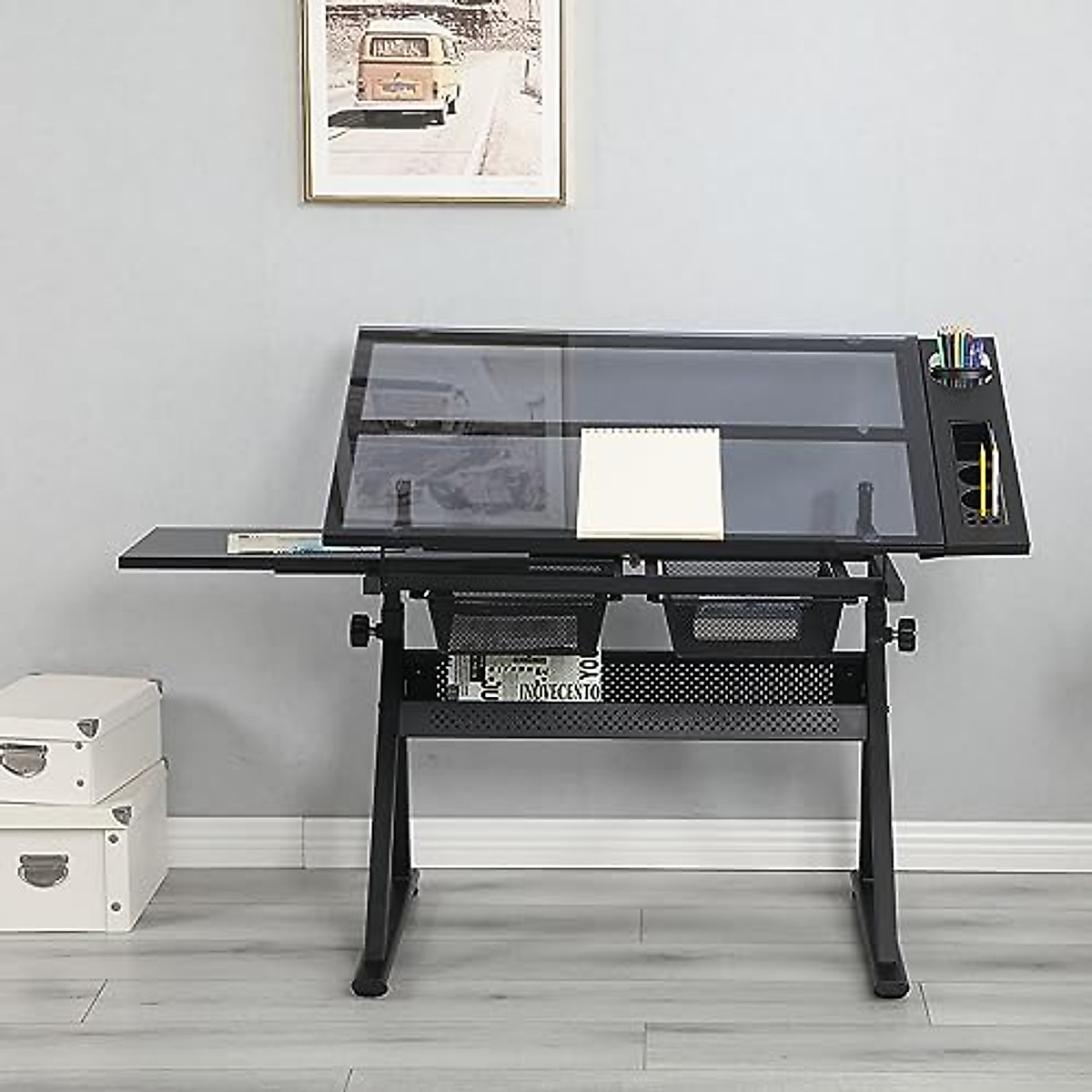 Kindmin Height Adjustable Drafting Table Drawing Table Artist Desk Tilting Tabletop Art Craft Desk Watercolor Paintings Sketching Work Station w/2 Storage Drawers and Stool for Home Office