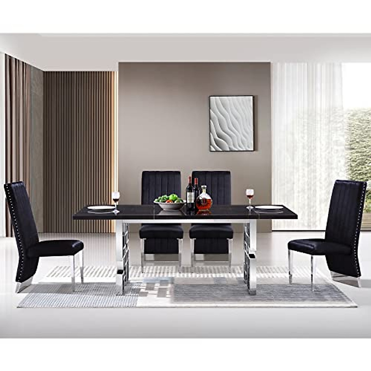 AZhome Dining Chairs, Black Velvet Upholstered Dining Room Chairs with Nailhead Trim and Silver Mirror Stainless Steel Legs, Set of 2