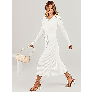 ANRABESS Sweater Dresses for Women 2023 Fall Long Sleeve Ribbed Knit V Neck Tight Tie Waist Cute Comfy Holiday Warm Winter Midi Bodycon Dress with Belt 994mibai-M White