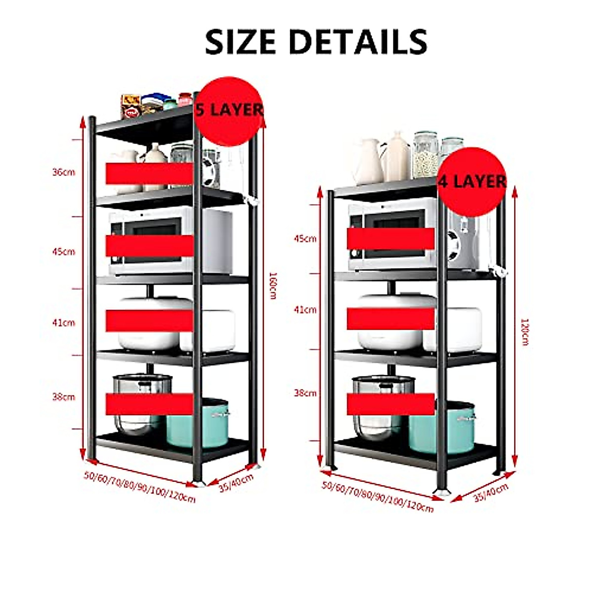 Multipurpose 5-Tier Storage Shelf Display Rack for Kitchen - Black, Adjustable, Stainless Steel, 160x70x40CM