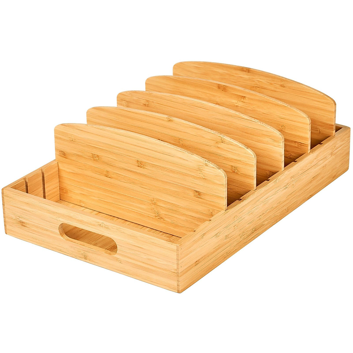 Umilife Large Food Container Lids Organizer for Kitchen Cabinet and Drawer, Bamboo Organizer with 5 Tall Adjustable Dividers, Plastic Lids Organization and Storage