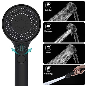MIAOHUI Shower Head with Hose and on off Switch, 3 Setting High Pressure Handheld Shower Head, Removable Shower Head with hose, Adjustable Angle Bracket, Low-Reach Wand Holder, Black