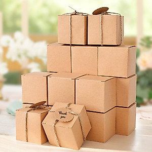 50PCS Kraft Paper Favor Boxes 2 x 2 x 2 inches Cube Gift Boxes Mini Foldable Treat Boxes with DIY Tags for Wedding Bridal Shower Birthday Party Christmas
