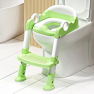 Potty Training Toilet Seat with Step Stool Ladder for Boys and Girls,Toddler Kid Children Toilet Training Seat Chair with Handles,Height Adjustable,Non-Slip Wide Step(Green)