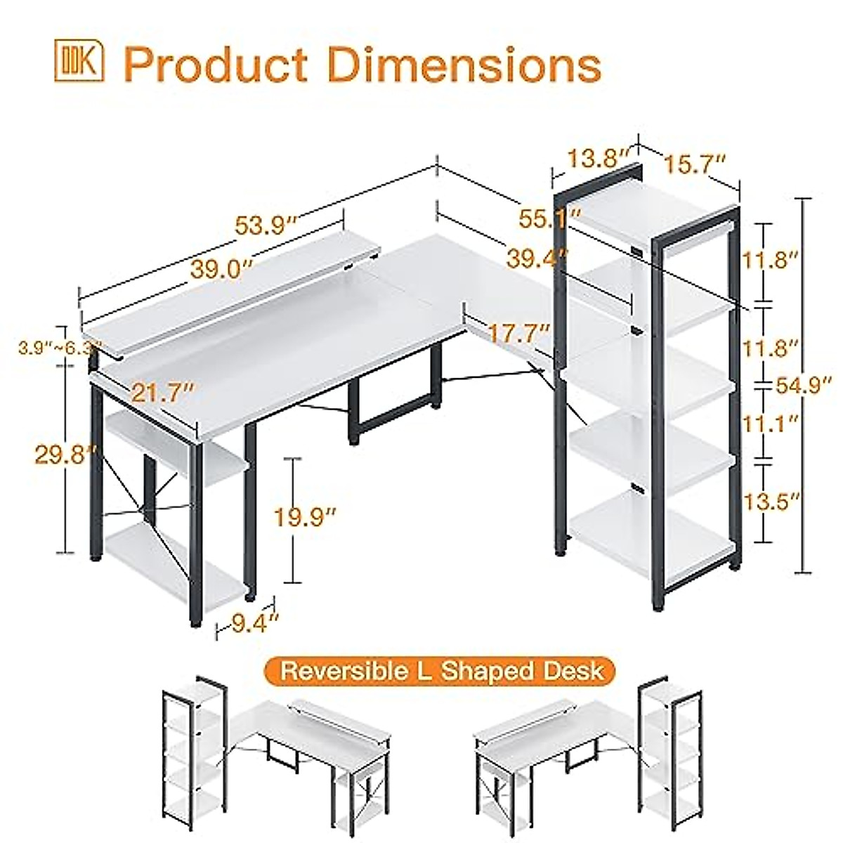 ODK L Shaped Desk with Monitor Stand, 54 Inch Home Office Desks with Storage Printer Shelves, Reversible Corner Gaming Desk with Bookshelf for Bedroom, White