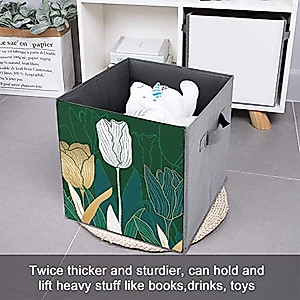 DamTma Gold Tulips Flowers Collapsible Storage Cubes Spring 10.6 Inch Fabric Storage Bins Storage Cubes with Handles Basket Storage Organizer for Clothes Pet Toys