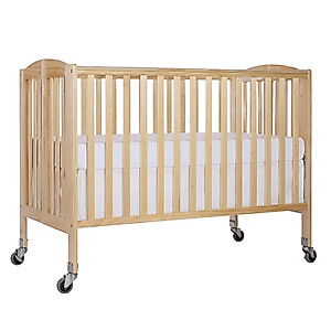 Dream On Me Folding Full Size Convenience Crib In Natural, Two Adjustable Mattress Height Positions, Comes With Heavy Duty Locking Wheels, Flat Folding