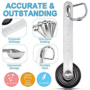 Upgrade Stainless Steel Measuring Spoons Set, Small Tablespoon, Teaspoons, Set 6 with Bonus Leveler, Etched Markings and Removable Clasp for Dry and Liquid, Fits in Spice Jars