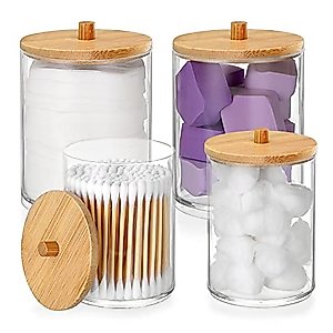 Hipiwe Acrylic Qtip Holder Dispenser with Lid 4-Pack Clear Apothecary Jars Vanity Makeup Organizer Bathroom Accessories Storage Canisters for Cotton Ball Swab Round Pads Floss
