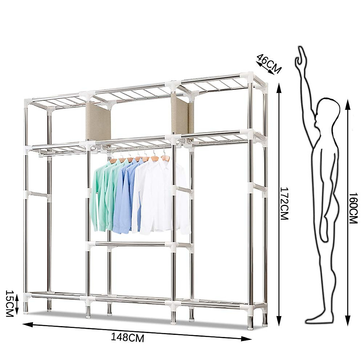 ZZBIQS Extra Large Clothes Wardrobe Storage Closet, Portable Garment Organizer Shelves Rack, Flannel Fabric Cover Standing Closet with Hang Rod and 2 Side Pockets(Blue)