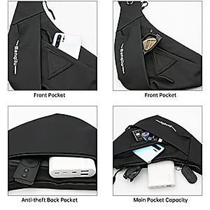 Long Keeper Sling Crossbody Bag - Men Water Resistant Chest Bag Casual Hiking Cycling Slim Lightweight Shoulder Backpack (Black)