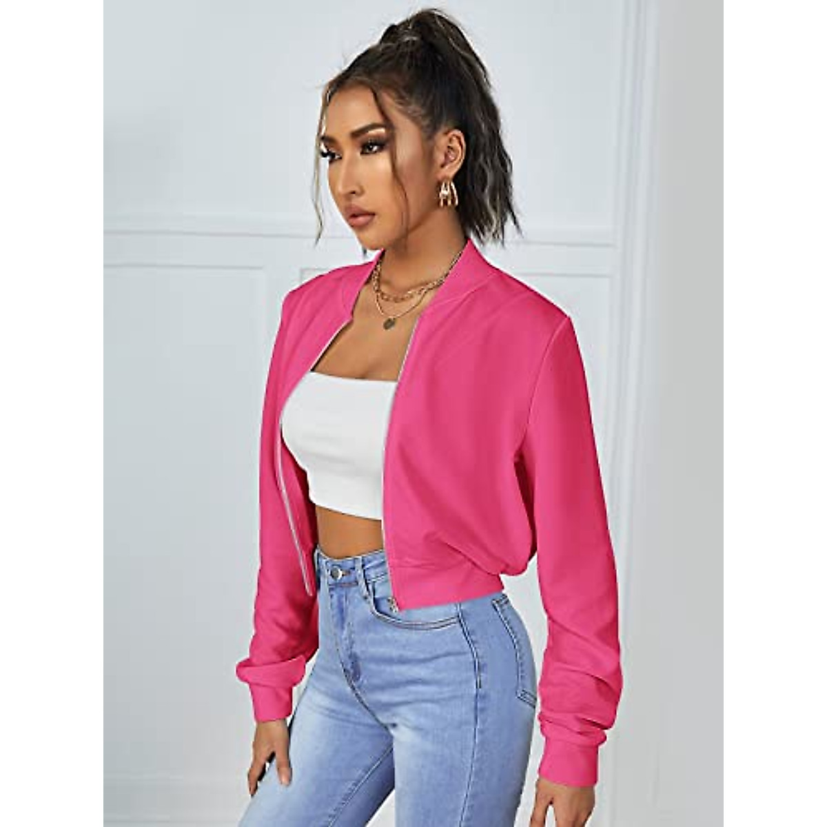 SweatyRocks Women's Casual Long Sleeve Solid Zip Up Coat Crop Bomber Jacket Solid Hot Pink M