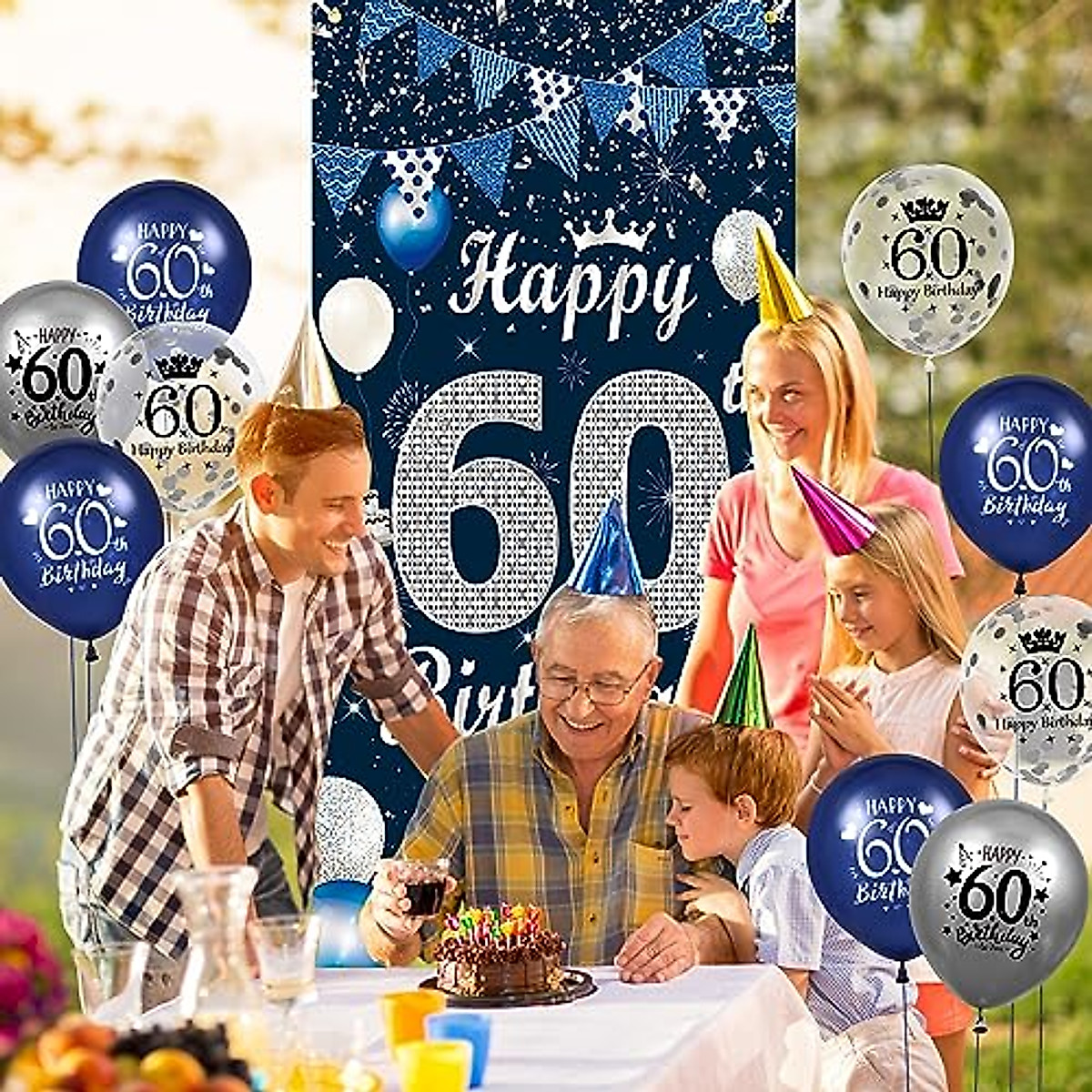 60th Birthday Decorations for Men Navy Blue Silver Happy 60th Birthday Door Banner Cover and 18Pcs Blue Silver 60th Birthday Balloons for Men Women 60th Birthday Party Decorations
