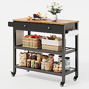 Gizoon Kitchen Island Cart with Storage, 40’’ Wooden Top, 2 Tiers Spacious Shelves and Towel Bar, 2 Drawer Mobile Trolley Cart On Metal Wheels with Hooks for Dining Room, Bar, Outdoor, Black