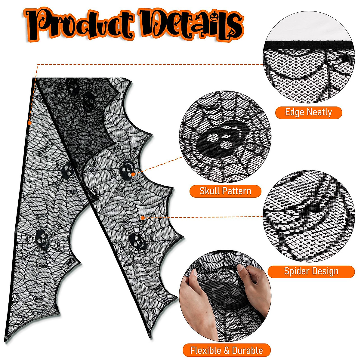 AerWo Halloween Decorations Indoor Halloween Fireplace Mantel Scarf, Black Lace Spiderweb Fireplace Cover for Halloween Mantle Decor Festive Party Supplies,18 x 98 inch